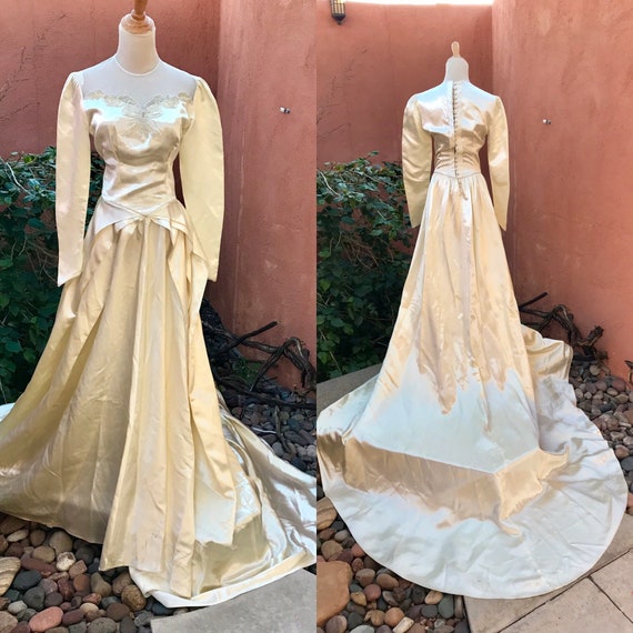 1940s Ivory Liquid Satin Wedding Gown With Train Long… - Gem