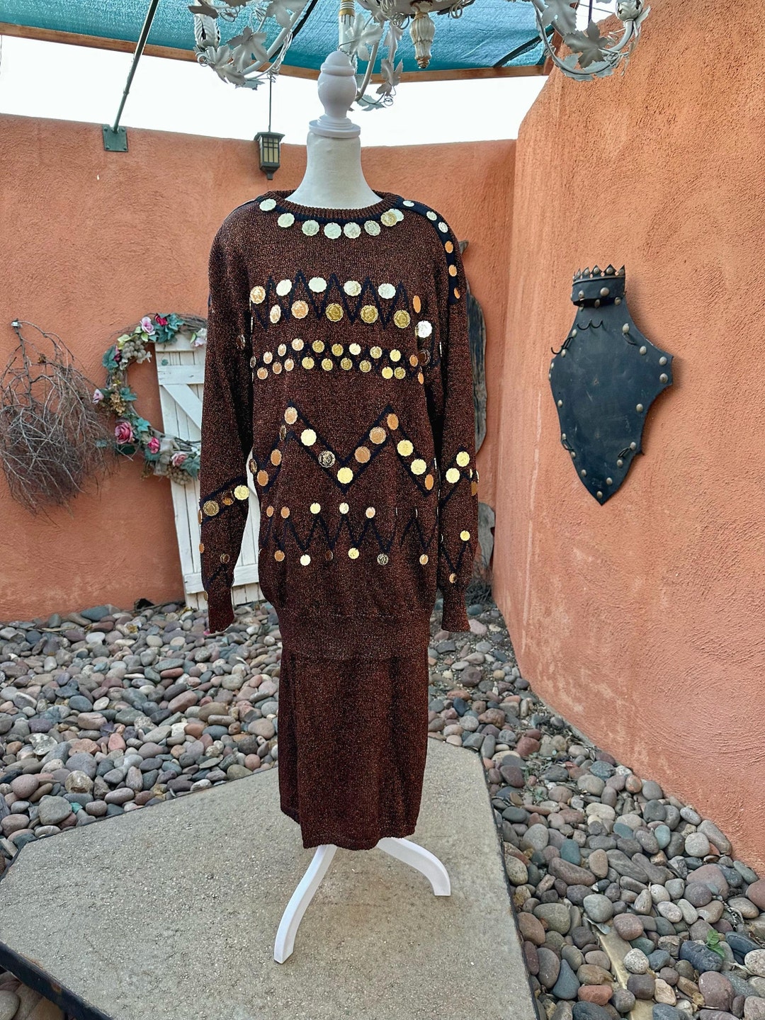 1989 Bonnie Boerer 2 Piece Sweater With Coin Trim RARE Matching Midi ...