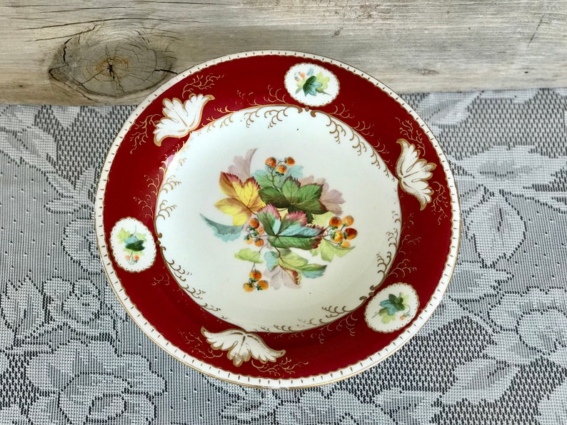 Vintage Burgundy Motif China Pedestal Dish 9.5" Diameter Autumn Leaves ...