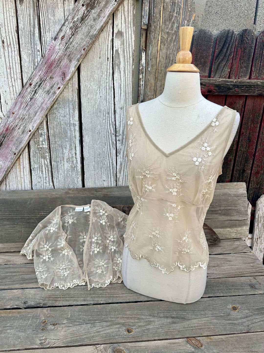2 Piece Vintage Beige Sheer Net Lace Tank Top Matching Coverup Size 10 ...