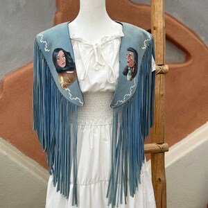 Vintage Blue Suede Hand Painted Southwest Style Fringed Draped Shoulder ...