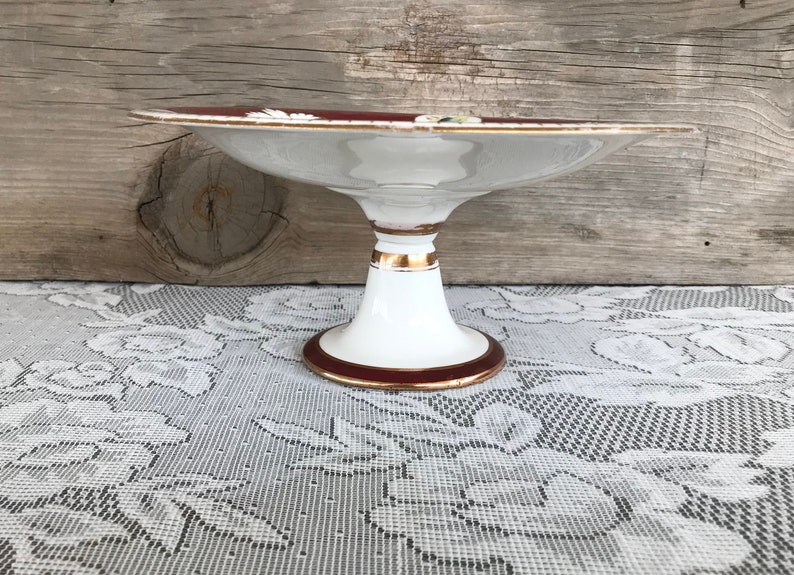 Vintage Burgundy Motif China Pedestal Dish 9.5" Diameter Autumn Leaves ...