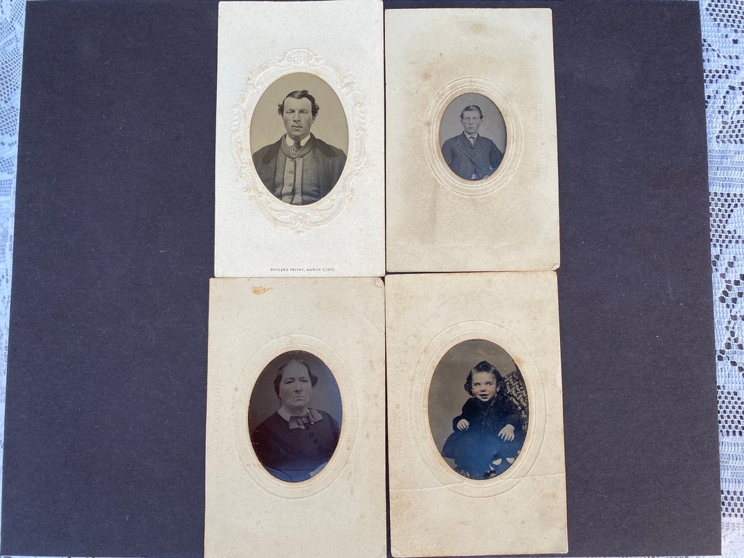 Group of 4 Antique Tintypes Gentleman Marked Potters Patent 1865 Teenager Baby Girl & Woman ...