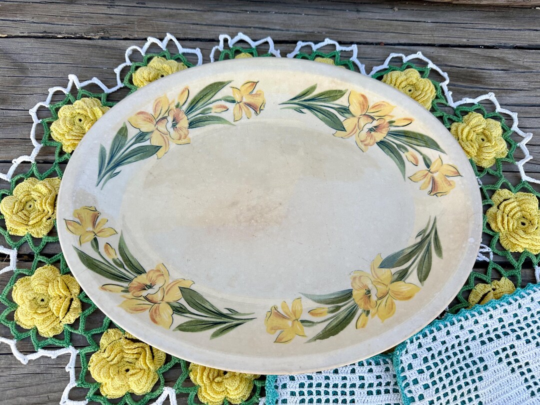1940s Yellow Floral Edge Platter Stained Crazed Shenandoah Ware Pottery ...