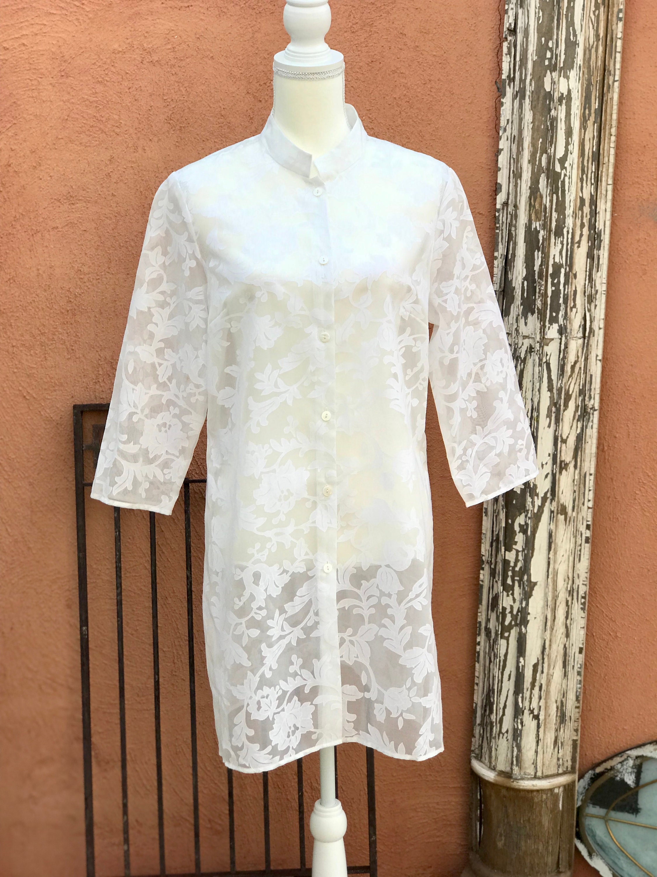 Vintage Sheer White Floral Fabric Buttoned Tunic Top by UNITS Size PL ...