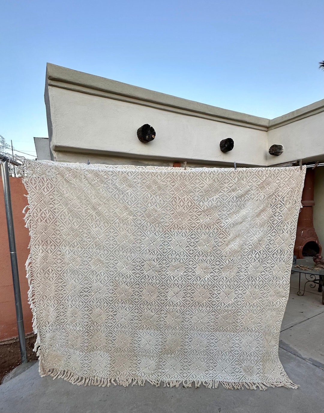 Antique 1920s Hand Crochet Natural Heavy Cotton Coverlet 88" X 78" With ...
