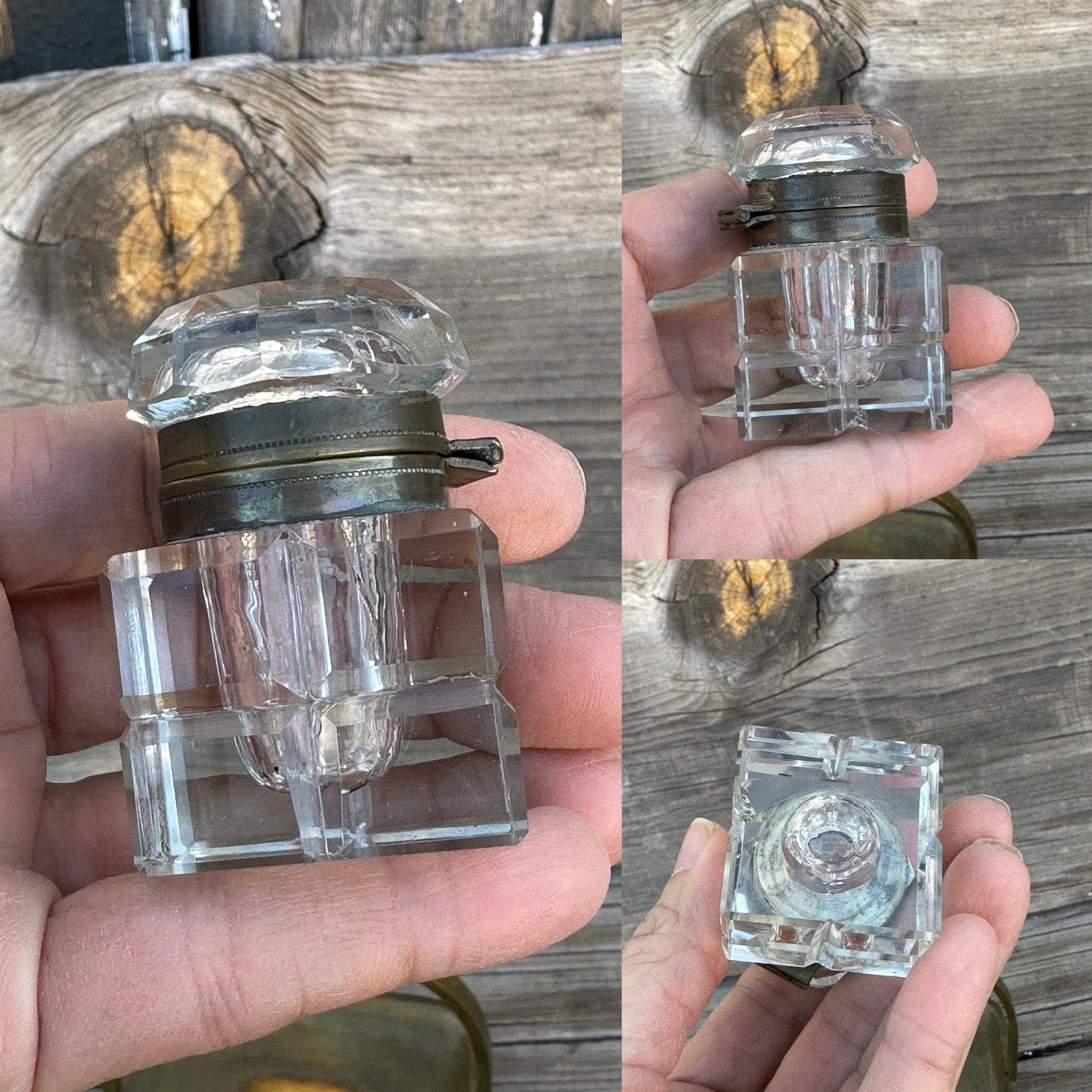 1920s Antique Cut Lead Crystal Inkwell in Brass Stand Desk - Etsy