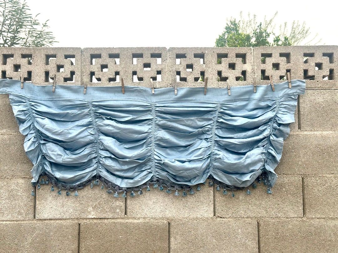 Vintage Denim Blue Silky Festoon Curtain Valance Fringe Trim 56" X 20 ...