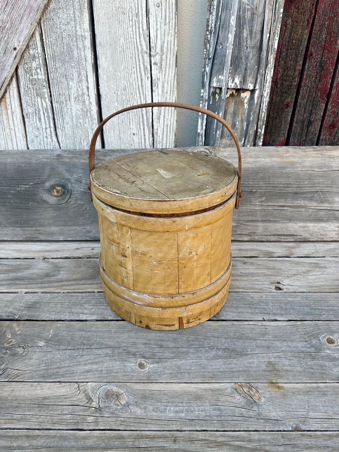 Antique Firkin Primitive Wood Sugar Bucket With Lid Bentwood Handle ...