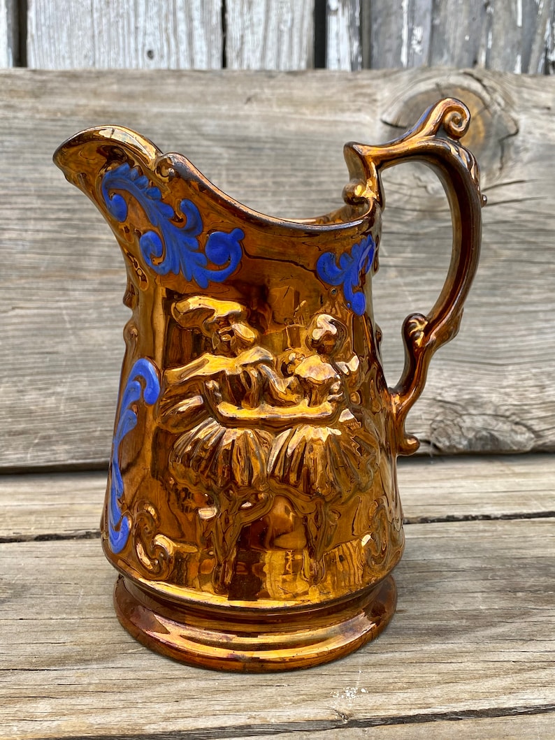 Victorian Wade Copper Lusterware Pottery Pitcher Ballet Dancers Cobalt ...