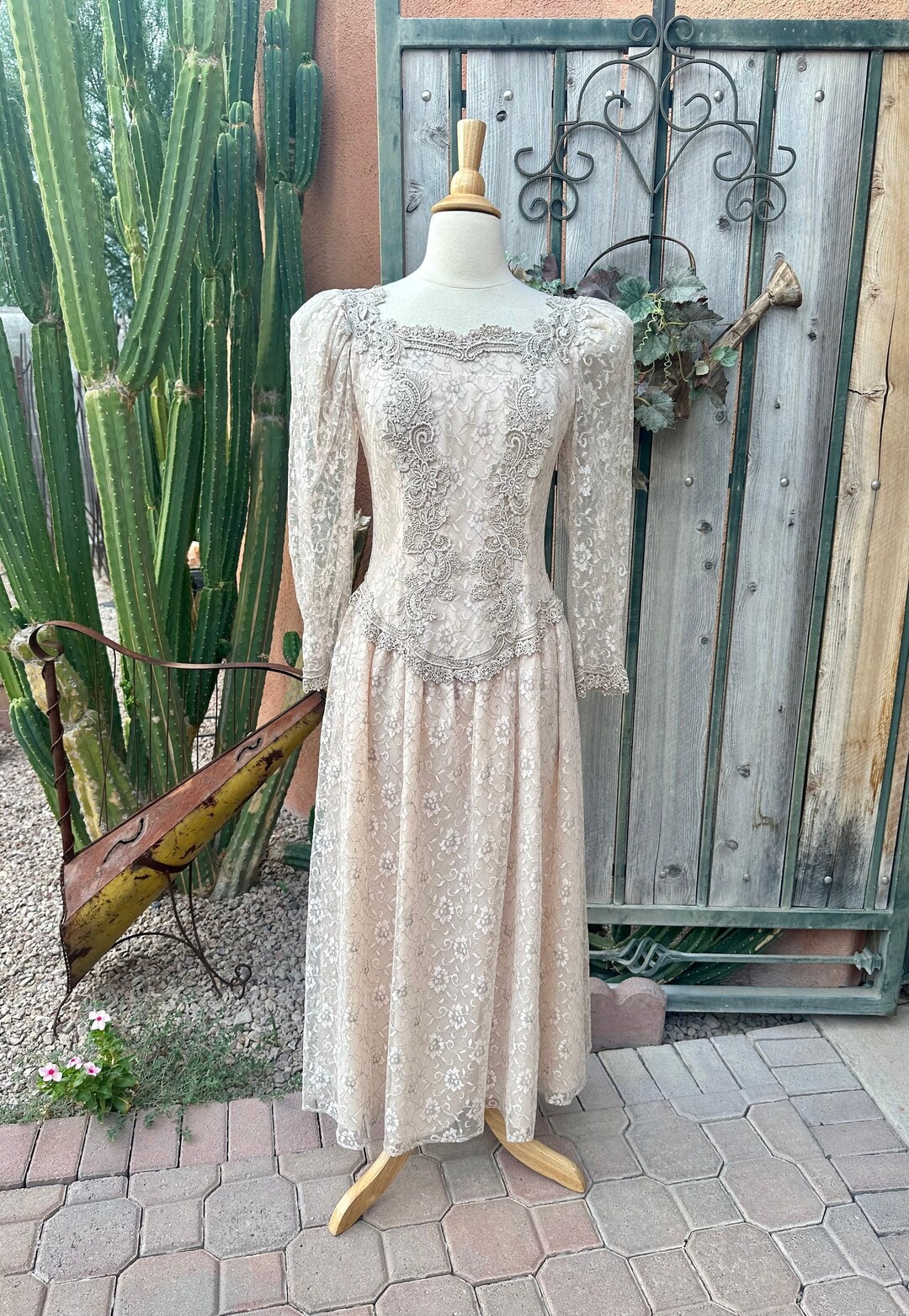 80s Peach Lined Lace Romantic Midi Bridal Dress Cachet by Bari Protas ...