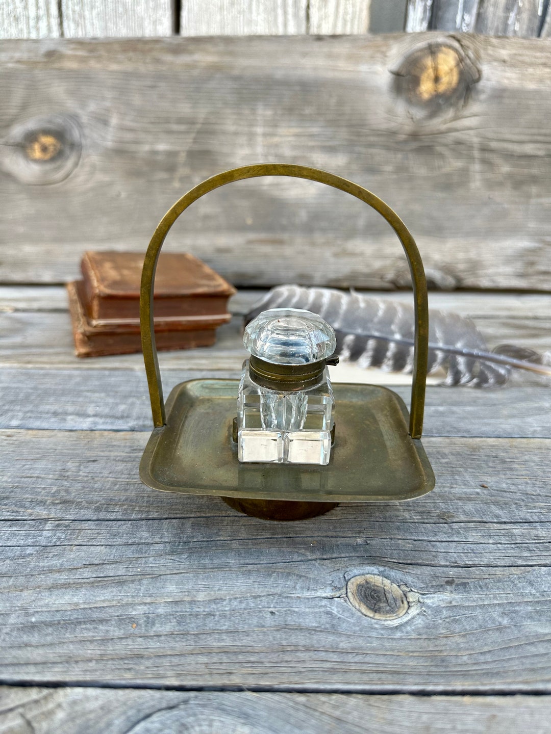 1920s Antique Cut Lead Crystal Inkwell in Brass Stand Desk Office ...