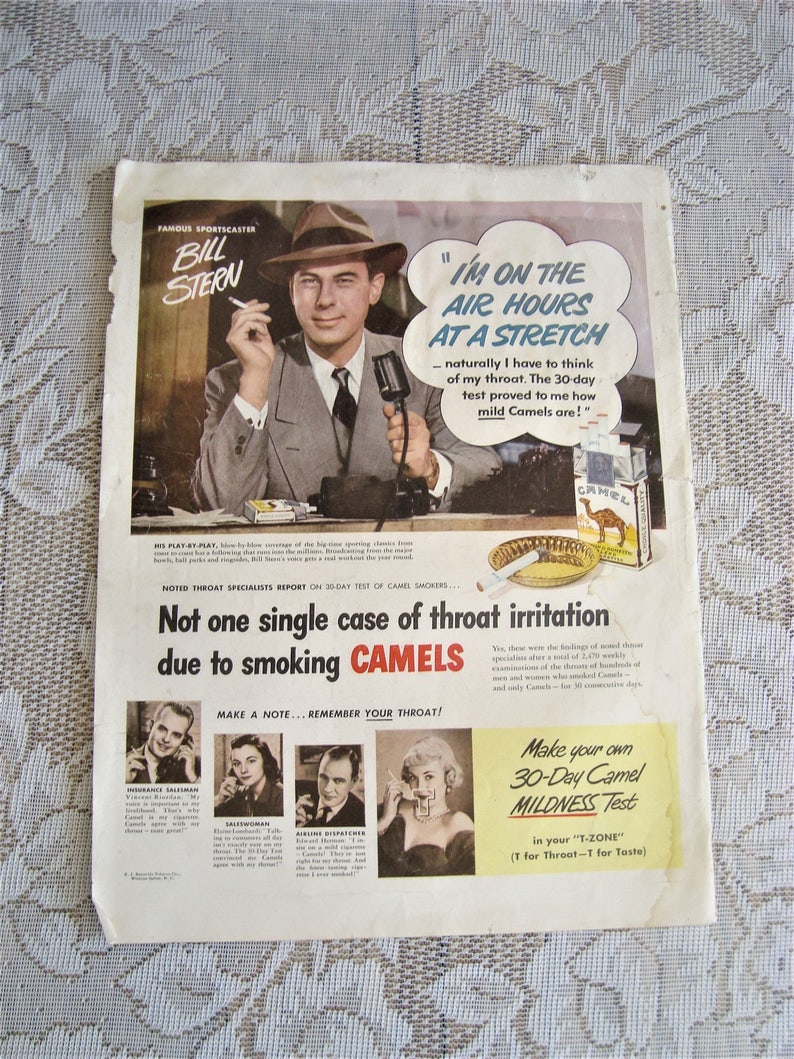 1950 Vintage Bill Stern Camel Cigarettes Magazine Tear Sheet | Etsy