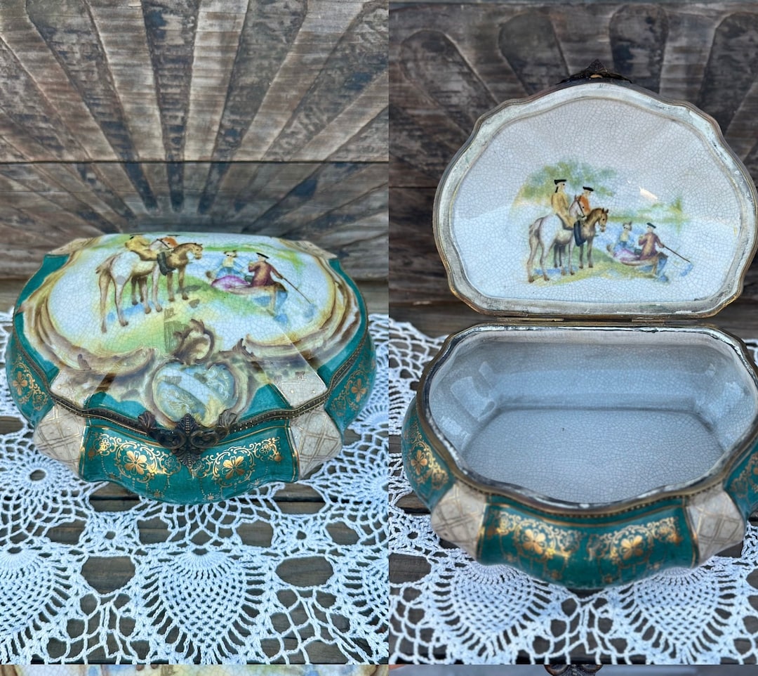 Vintage Large 7.75in Hinged Porcelain Hand Painted Dresser Box by ...