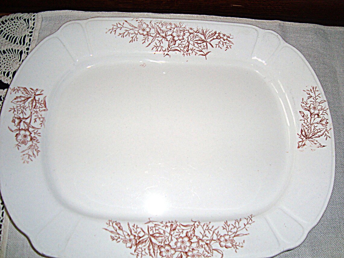Antique White Stone China Platter Brown Floral Leaves 14.75" X 11" Dieu ...