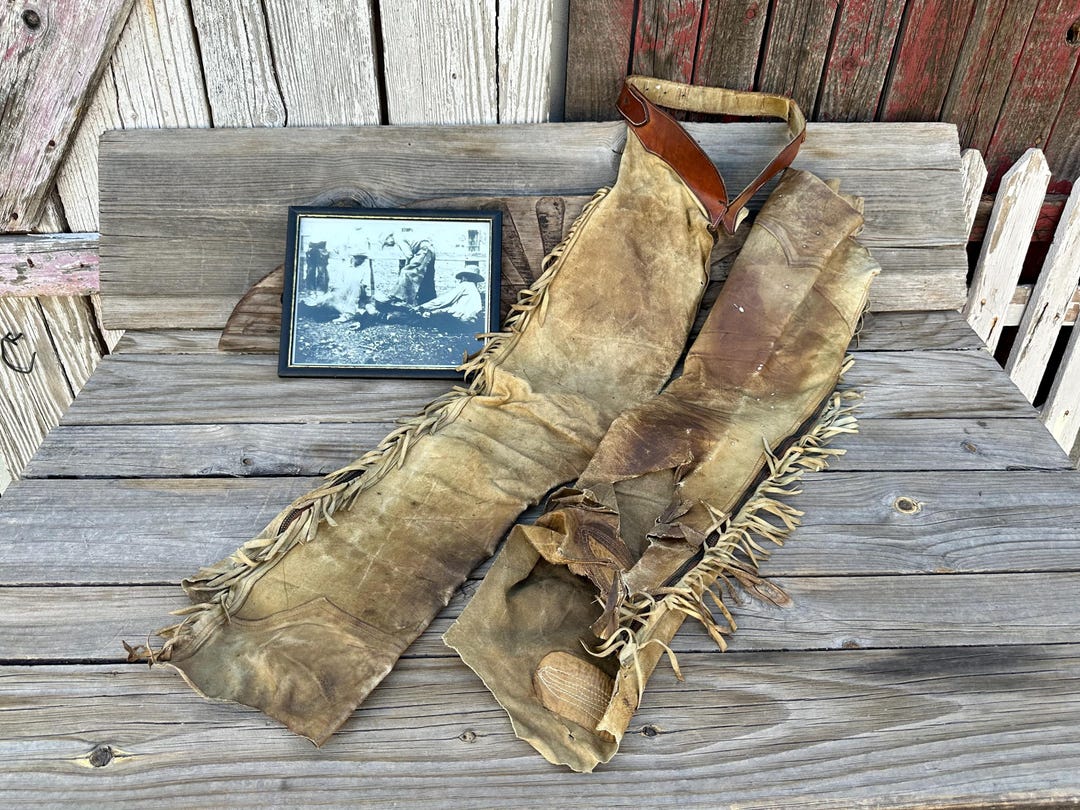 1940s Distressed Fringed Leather Shotgun Chaps With Framed Cowboy Photo ...