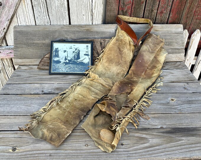 1940s Distressed Fringed Leather Shotgun Chaps With Framed Cowboy Photo ...
