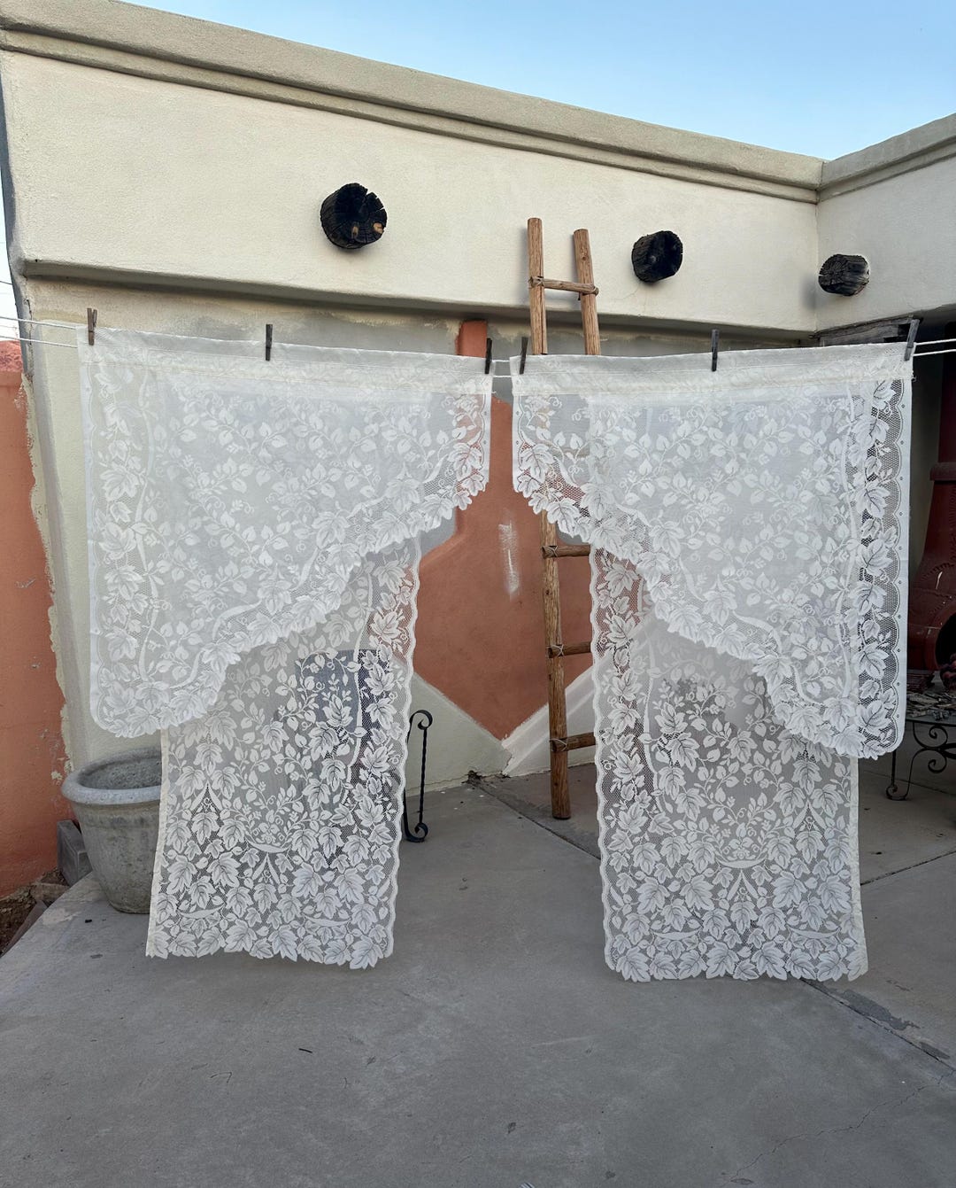 Vintage Ivory Lace Beautiful Leaves Motif 4 Piece Set Valances Panels ...