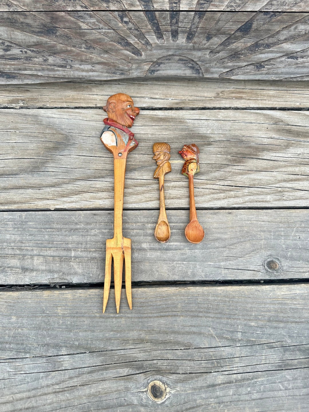 Group of 3 Antique Anri Style Folk Art Hand Carved Wood Fork Spoons ...