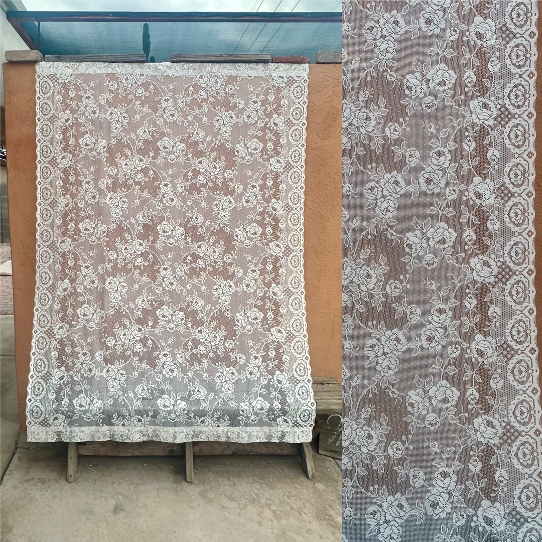 80s Vintage Light Ivory Net Lace Curtain Panel Floral Design Decorative ...