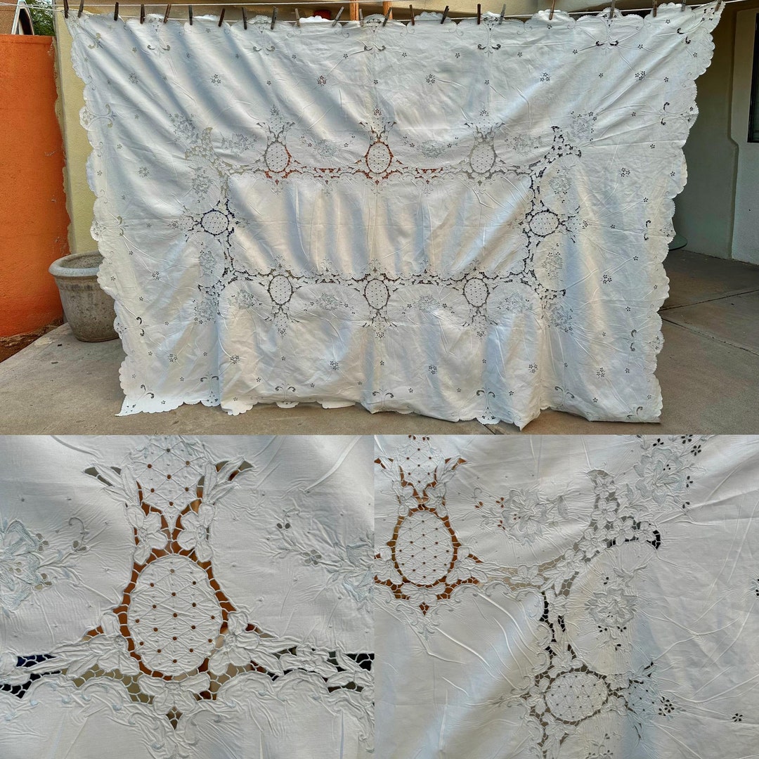 Stunning 1960s Madeira Lace Large Natural White Tablecloth Blue Cutwork ...