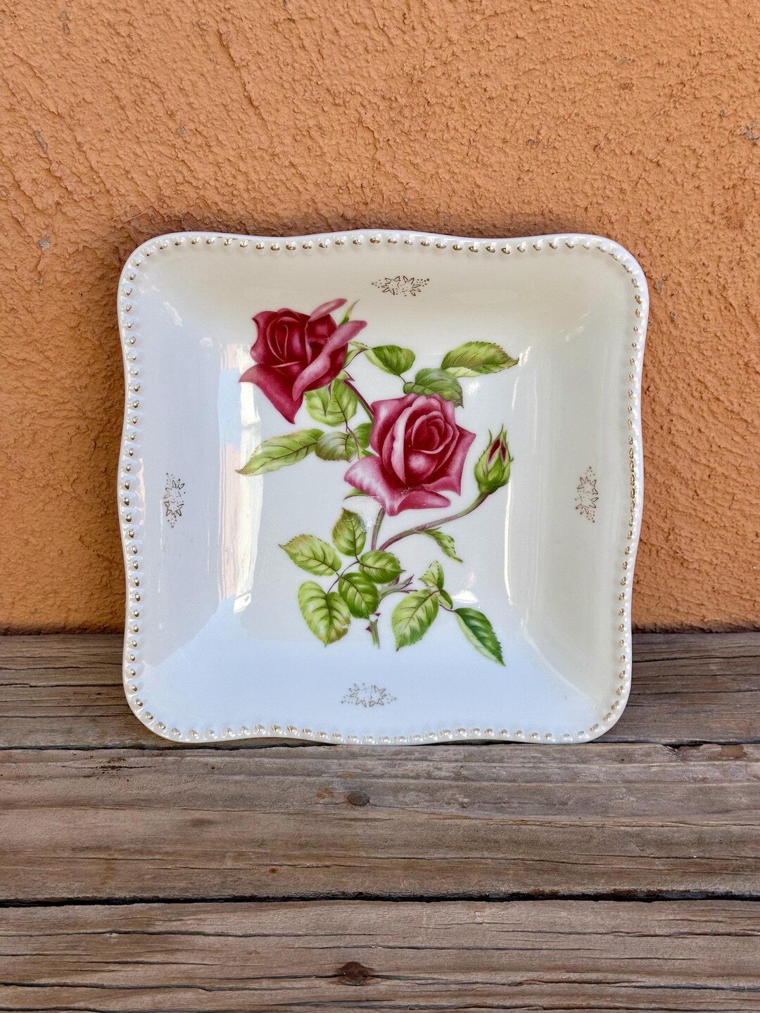 Vintage Lefton China Hand Painted Roses Square Decorative Gold Edge ...