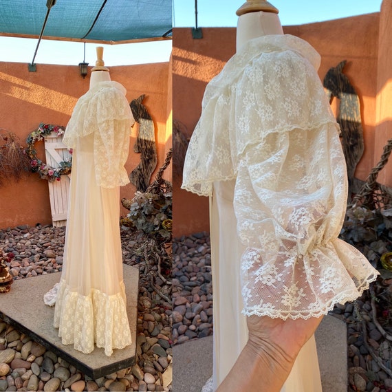 80s Ivory Sheer Chiffon Overlay Lace Trimmed Wedding … - Gem