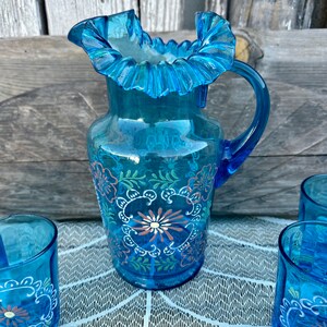 Antique Enameled Blue Glass Lemonade Set Pitcher With 5 Glasses - Etsy