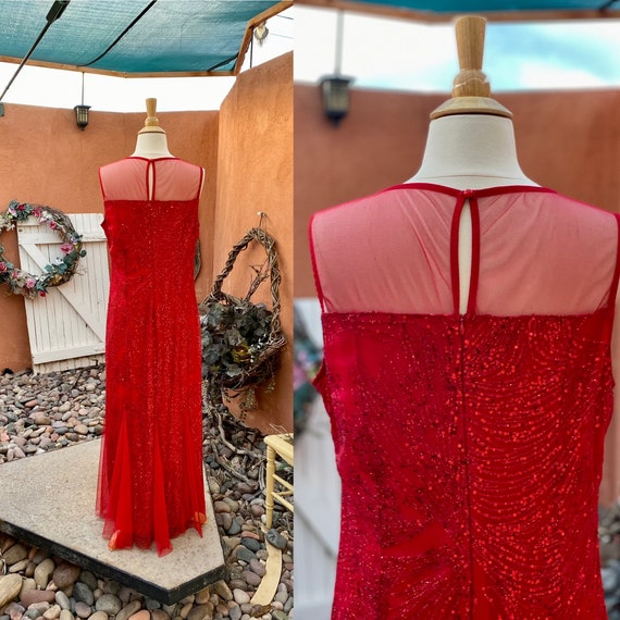 Vintage Red Formal Gown Sparkle Net Overlay Mermaid H… - Gem