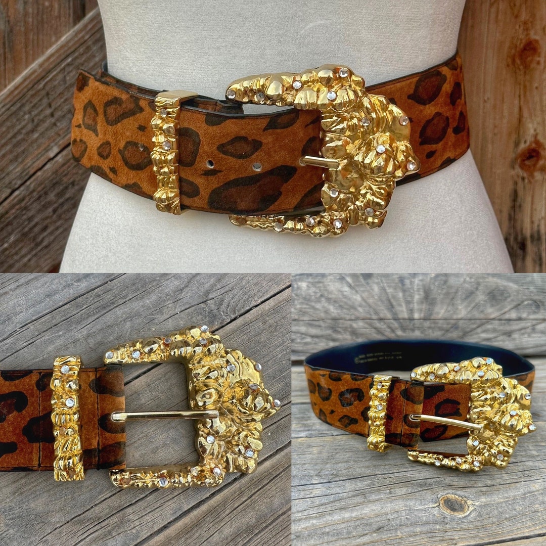 80s Animal Print Wide Suede Leather Belt Gold Nugget Style Diamond ...
