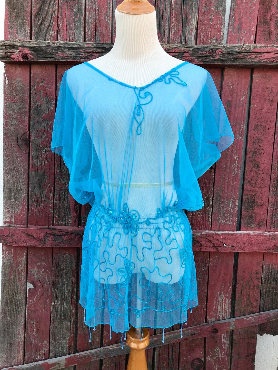 Vintage Sky Blue Sheer Tunic Top Beaded Trim Size Medium - Etsy