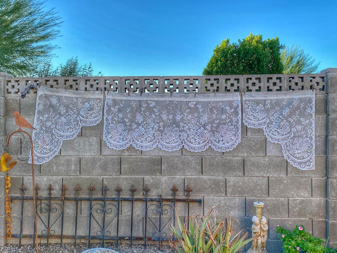 3 Piece Valance N Swags White Lace Curtain Set Pastel Accents - Etsy