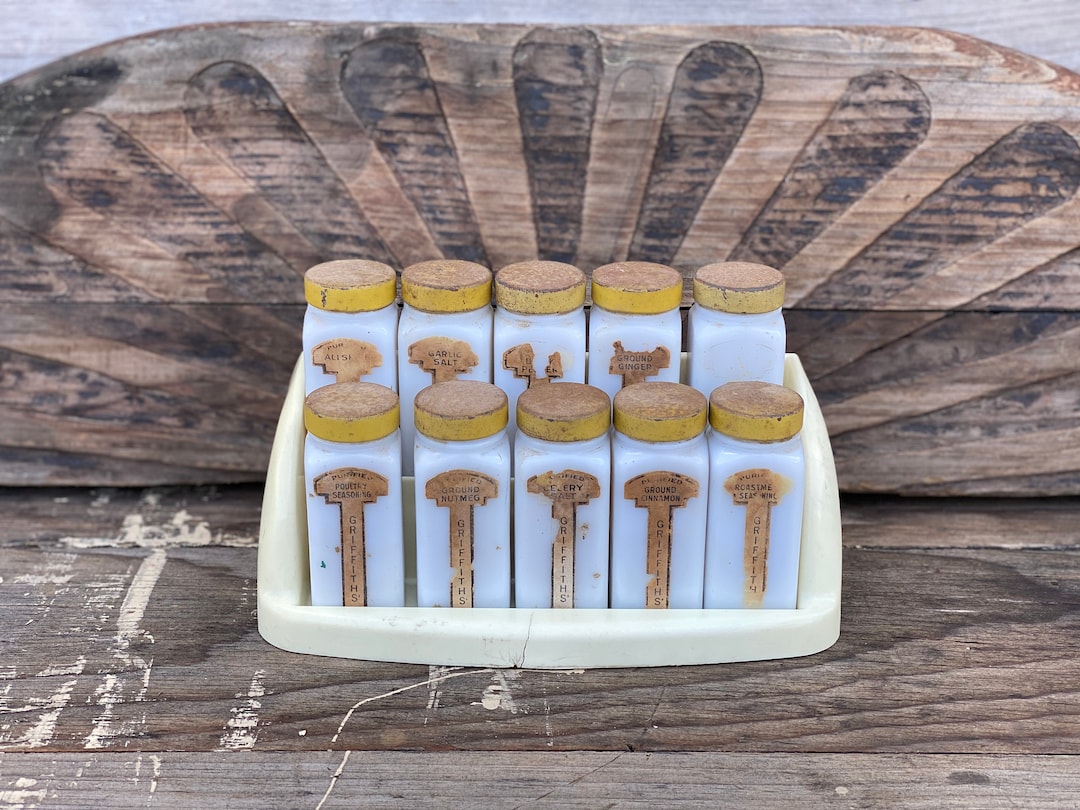 1940s Vintage Griffiths Spice Rack 10 Milk Glass Jars Metal Lids ...