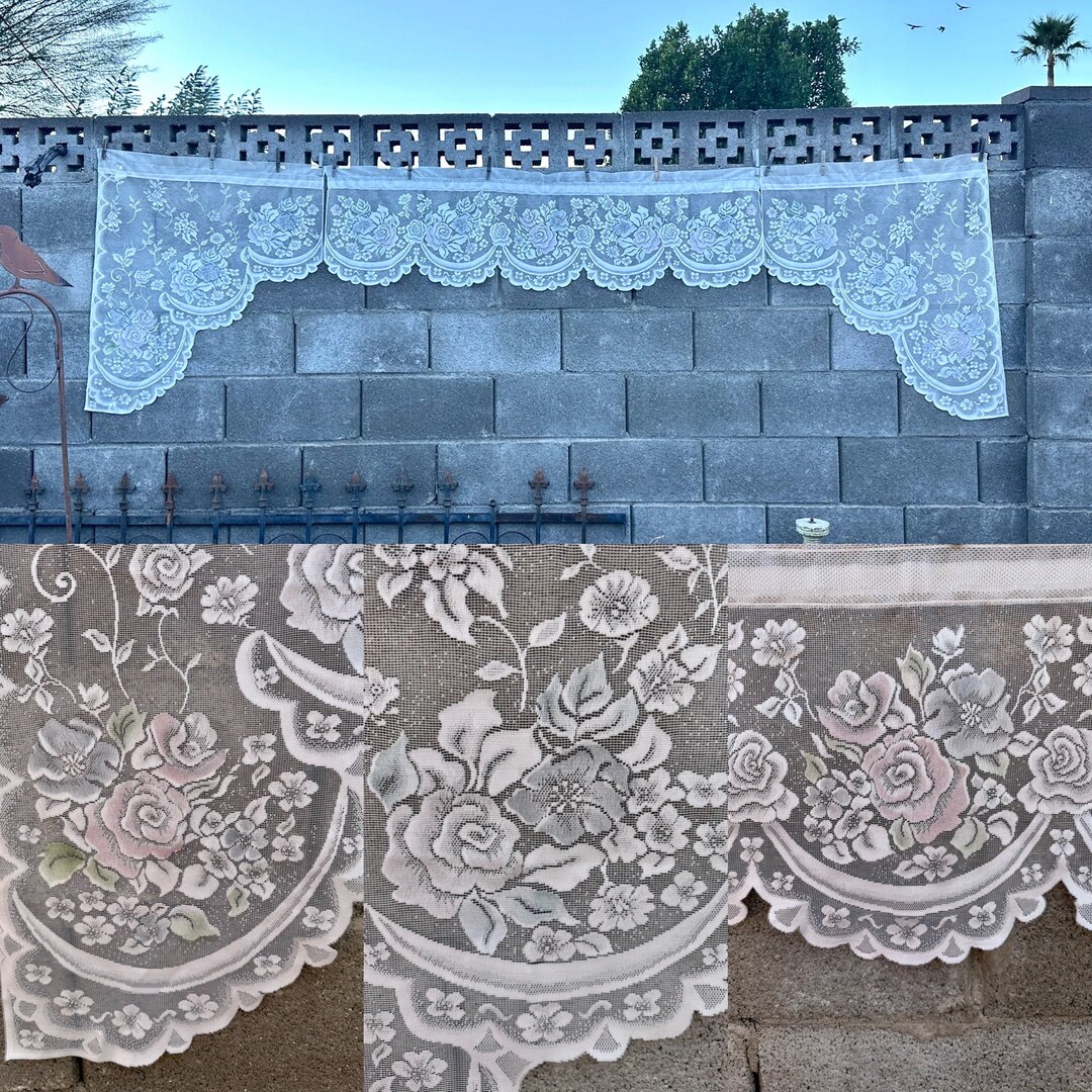 3 Piece Vintage White Lace Valances N Swags Curtain Set Faded Pastel ...