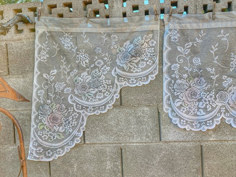 3 Piece Valance N Swags White Lace Curtain Set Pastel Accents - Etsy