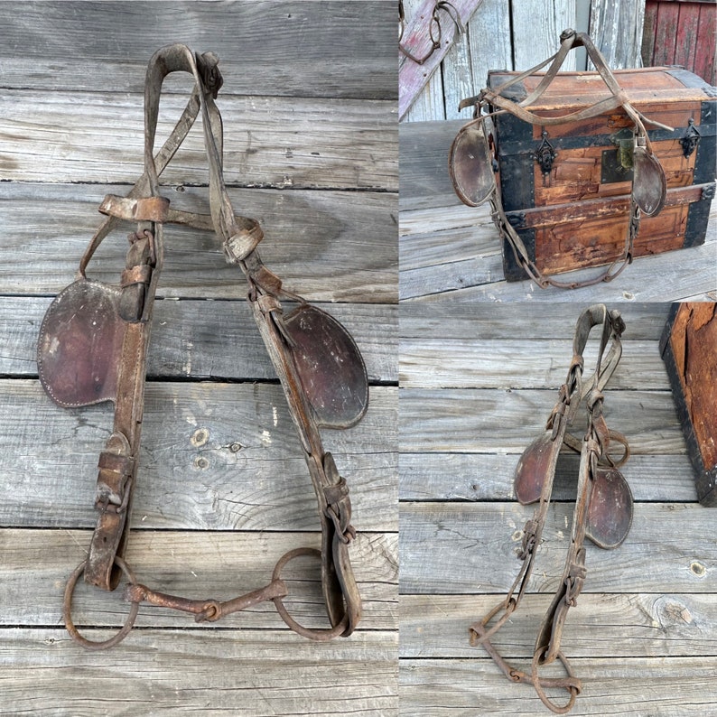 Antique Leather Horse Bridle Metal Bit With Eye Flaps Blinders - Etsy