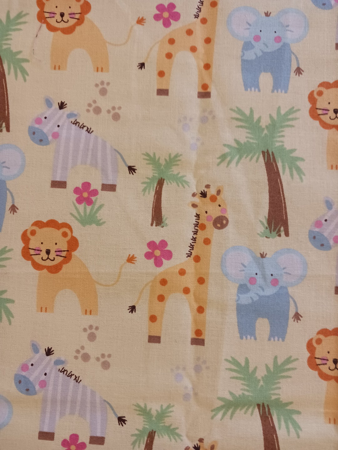 Zoo Animals Yellow Quilt Fabric 35"x26" Lion Zebra Elephant Palm Trees ...