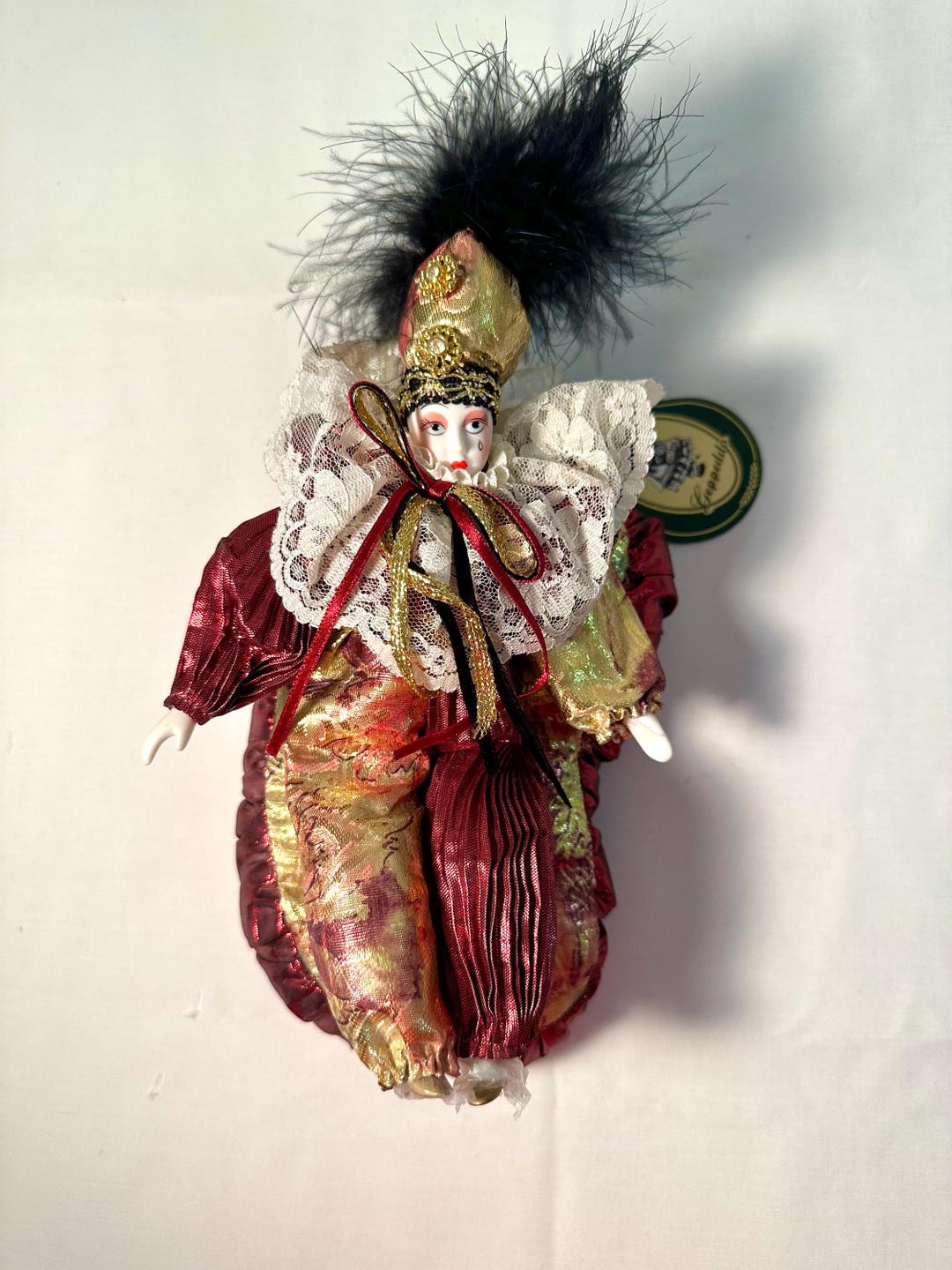 Geppeddo Porcelain Doll on Pillow, Jester Clown Harlequin Mardi Gras ...