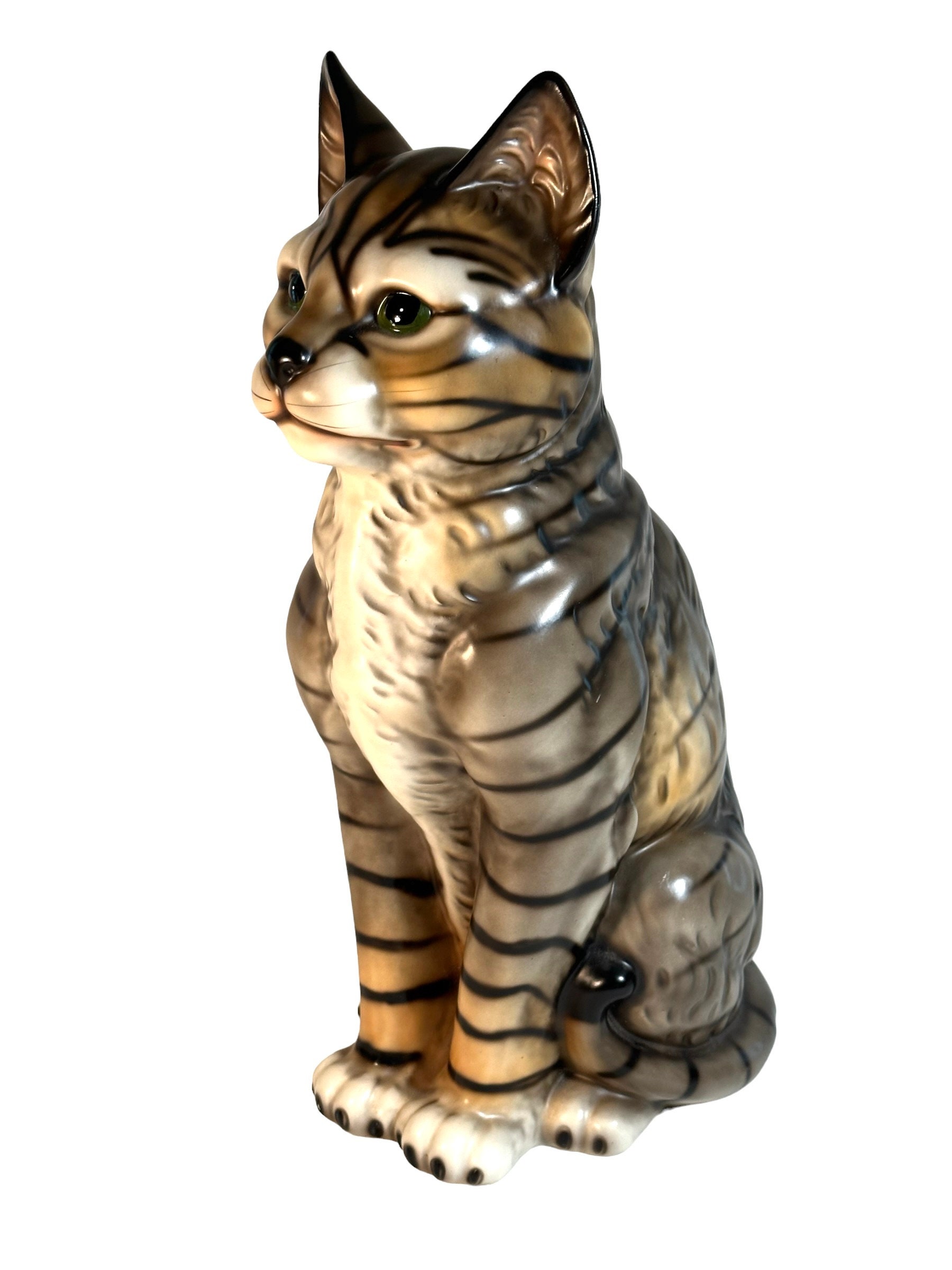 LARGE Porcelain Green Eye Tabby Cat Statue by Harvey Knox Signed 16.5 ...
