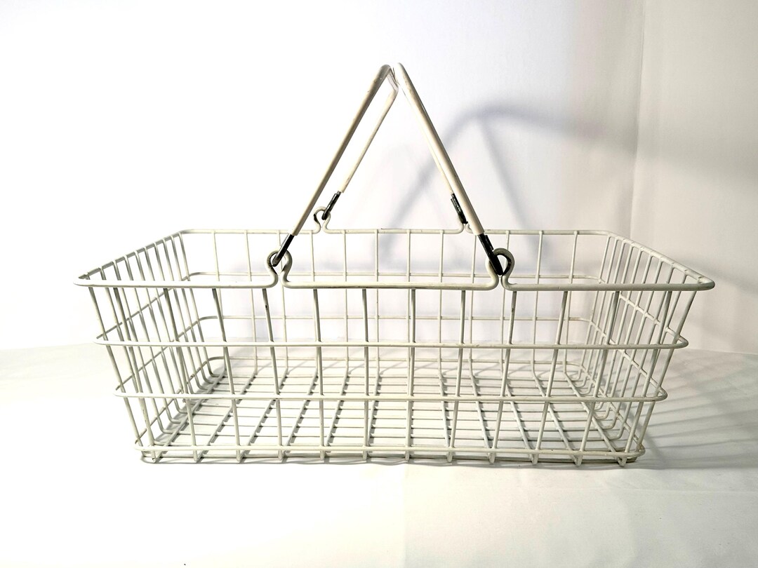 Vintage White Wire Basket W/ Moveable Handles Bin Storage Display ...