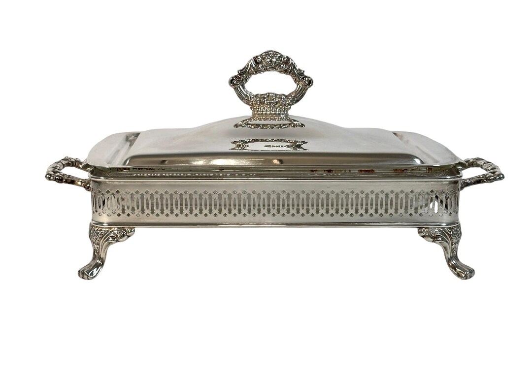 Vintage Oneida Silver Plate Footed Casserole Dish, Lid, & Glass Insert ...