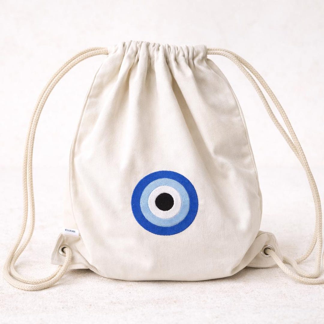 Embroidered Evil Eye Drawstring Backpack: Ecru Canvas Beach Bag - Etsy
