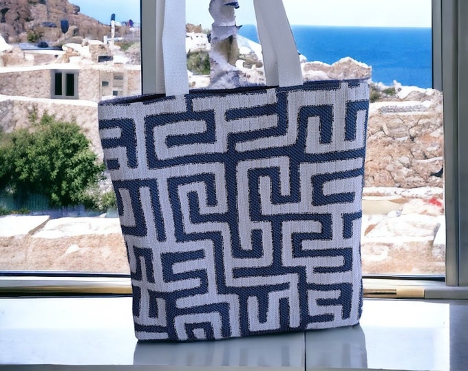 Greek Design- Labyrinth Tote Bag - Blue and White - Greek Gift - Greek ...