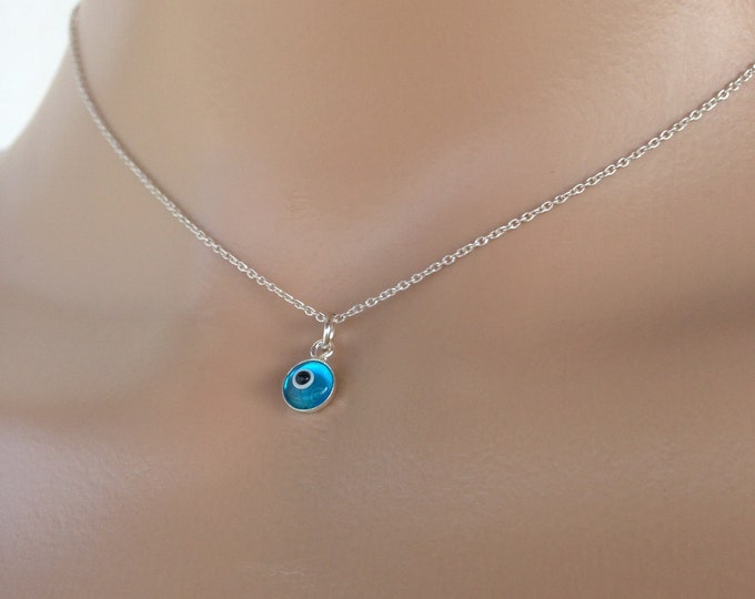 Tiny Evil Eye Pendant Necklace, Sterling Silver Necklace, Blue Evil Eye ...