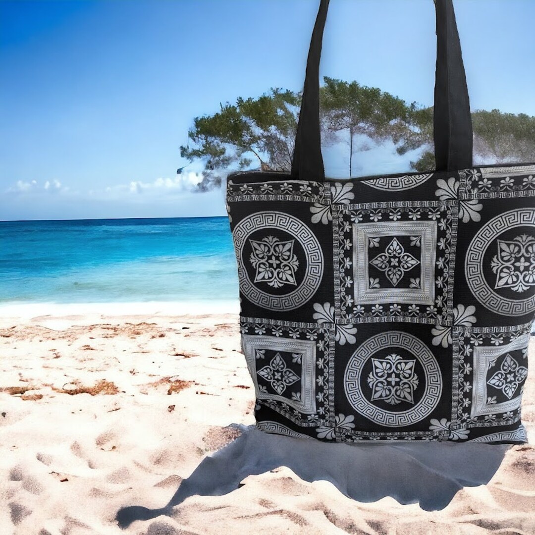 Greek Floral Meander Bag - Greek Key Tote Bag - Black & White - Greek ...
