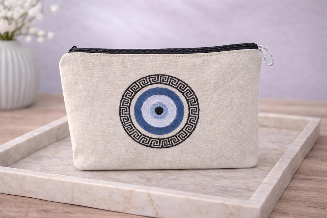 Embroidered Evil Eye Pouch: Greek Key Cotton Canvas Purse - Etsy