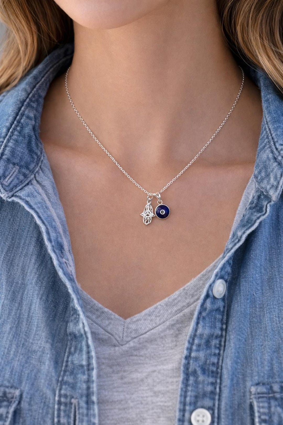 Sterling Silver Hamsa Hand Evil Eye Necklace: Greek Protection Jewelry ...