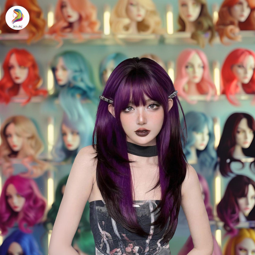 Gothic Wig, Ombre Black Purple Wig, Long Straight Wig for Women, Heat ...
