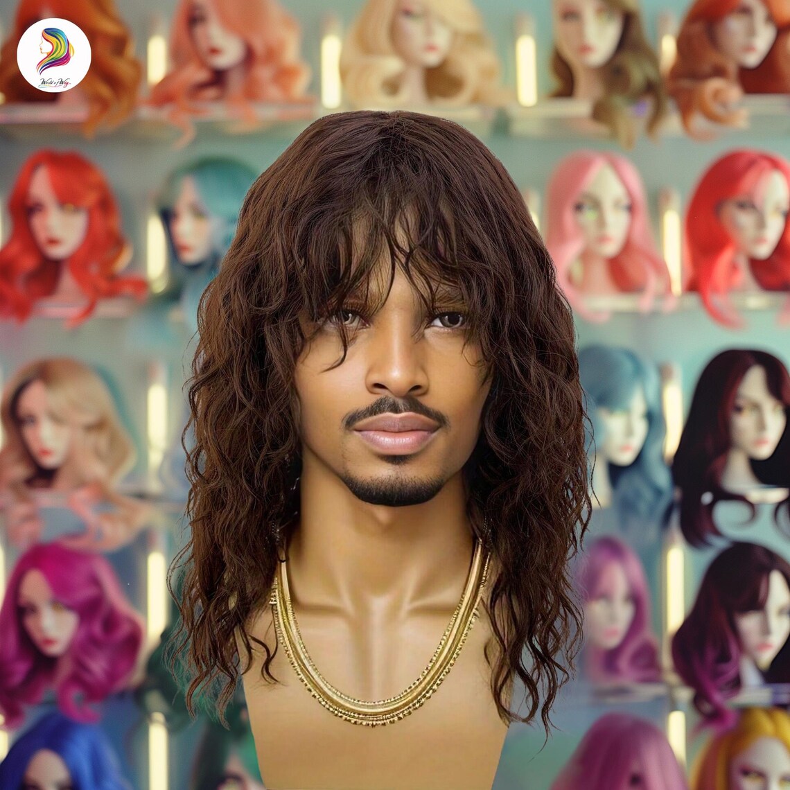 Men's Long Curled Wig, Natural Curly Wig for Men, Long Men's Wig ...