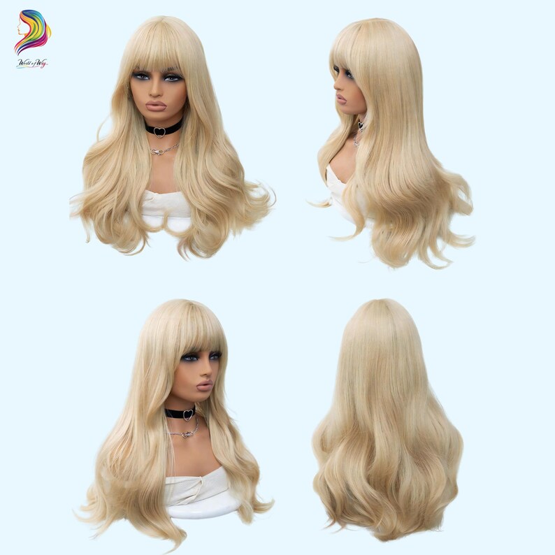 Honey Blonde Wig With Eight Figure Bangs Long Straight Highlight Brown ...